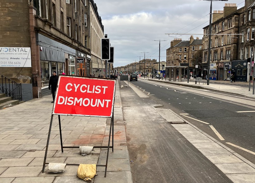 Cycle-lanes and temporary bus-stop on Leith Walk | Leith Central ...